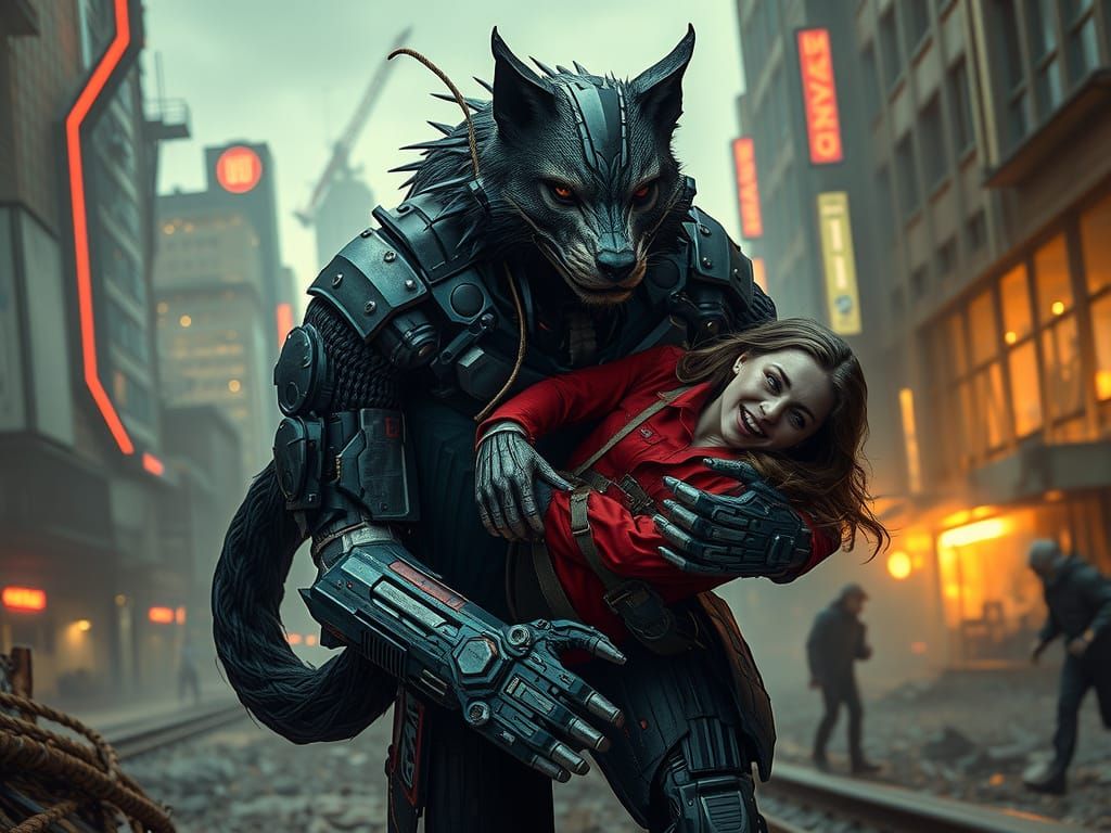 Cyborg Werewolf Rescues Human Survivor in Post-Apo... - AI Art