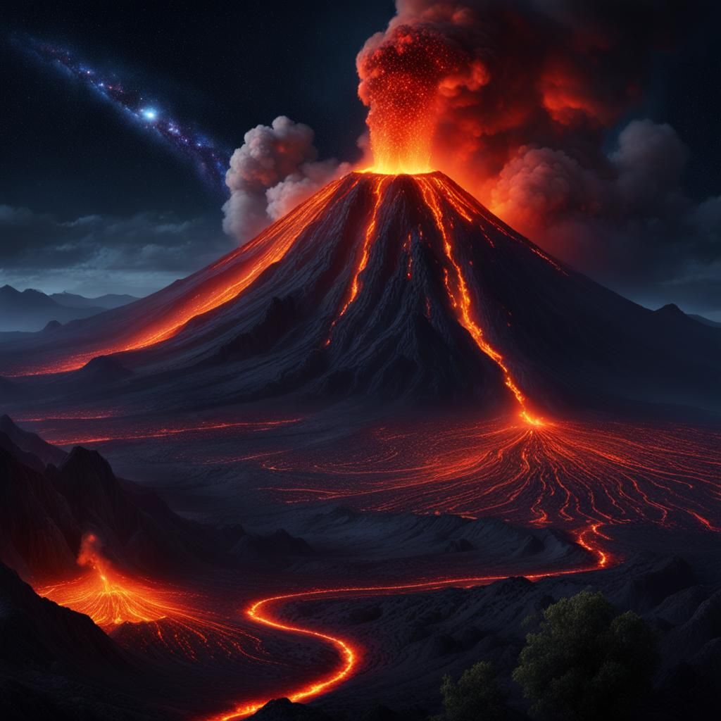 volcanic eruption in a beautiful starry night with lava flowing down a ...
