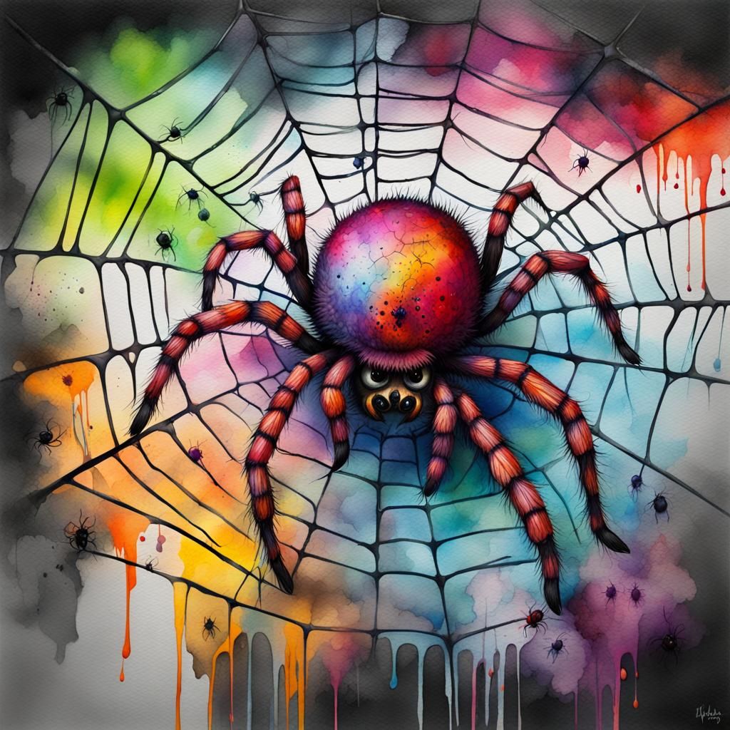 Watercolor spider web and giant hairy spider with bugs trapped - AI ...
