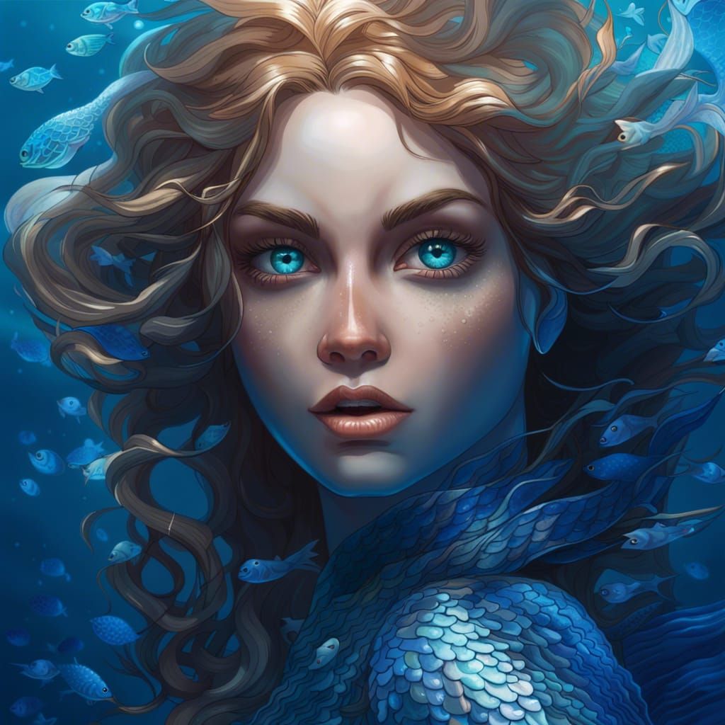 beautiful blue-eyed mermaid with long eyelashes and fish scales ...
