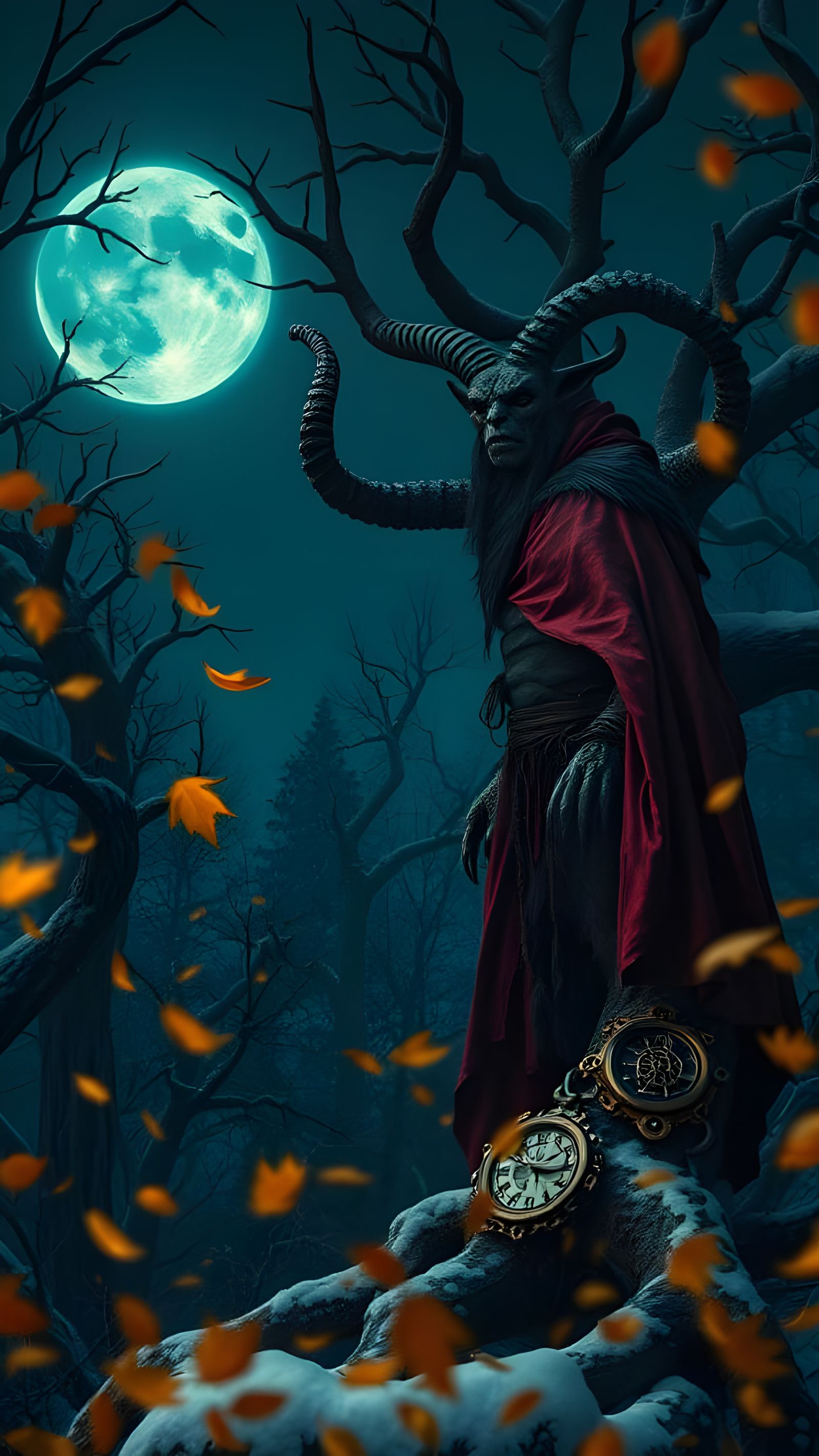 A creepy Winter forest with a creepy Krampus and leaves falling down ...