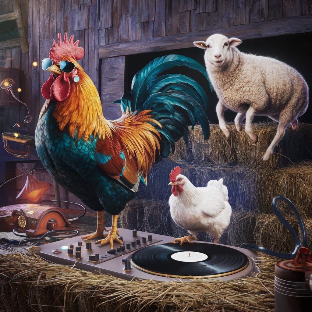 Rustic Barnyard Concert: Rooster Singer and Chicke... - AI Art