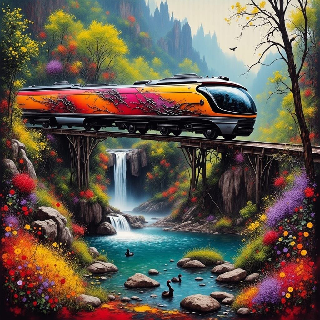 Cyberpunk Freight Train Rolls Across Weathered Bri... - AI Art