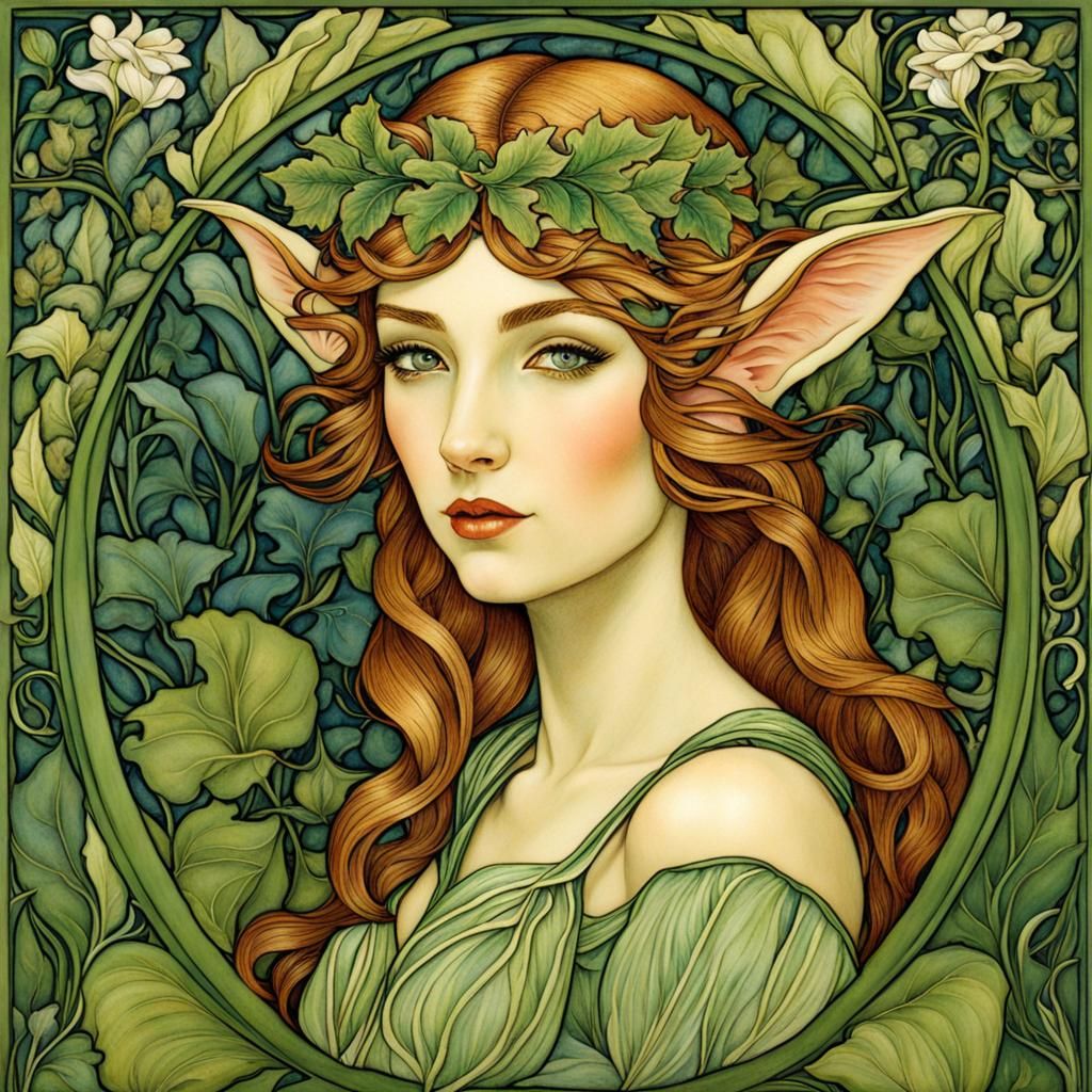 elf portrait, art nouveau, nature elf beautiful, william morris, elf ...