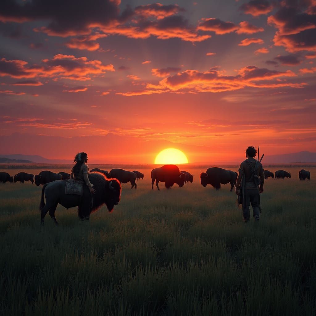 Native tribe with bison - Native American Tribe Watches Biso...