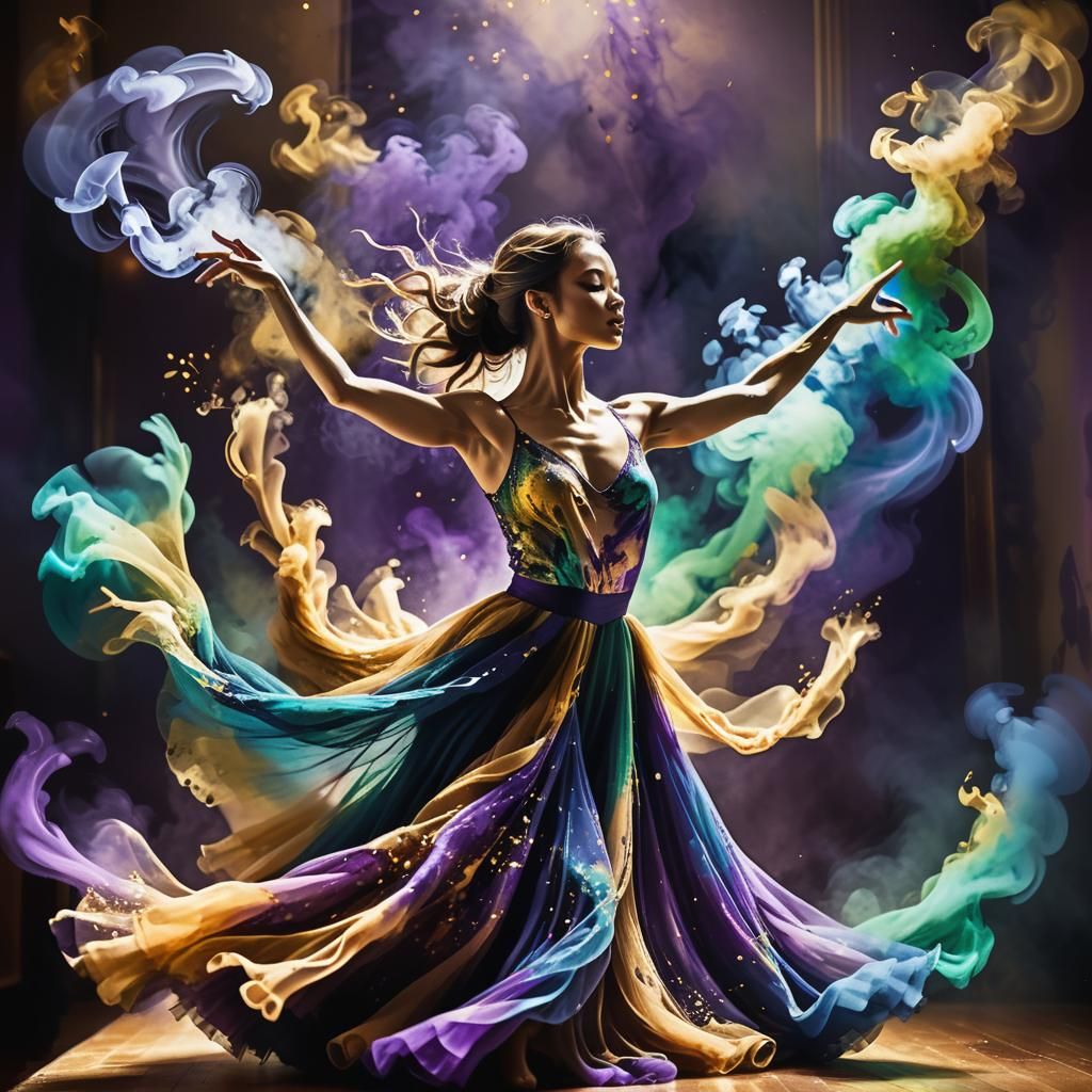 Ink Splatter Art Elegant dancer in flowing dress, arms outstretched, in ...