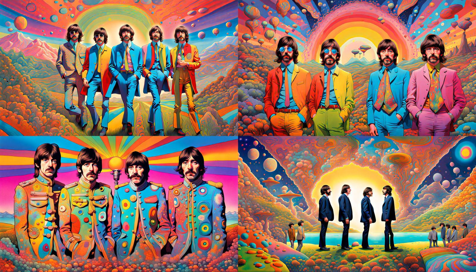The Beatles as cartoons in a psychedelic cartoon landscape pop ...