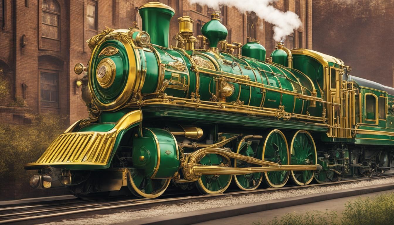 A lush, green colored Art Deco train engine with intricate yellow ...