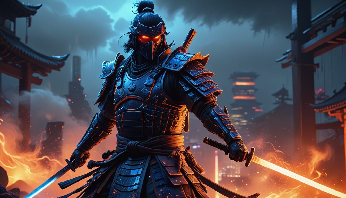 Ethereal Samurai Warrior in Neon-Lit Tokyo - AI Art