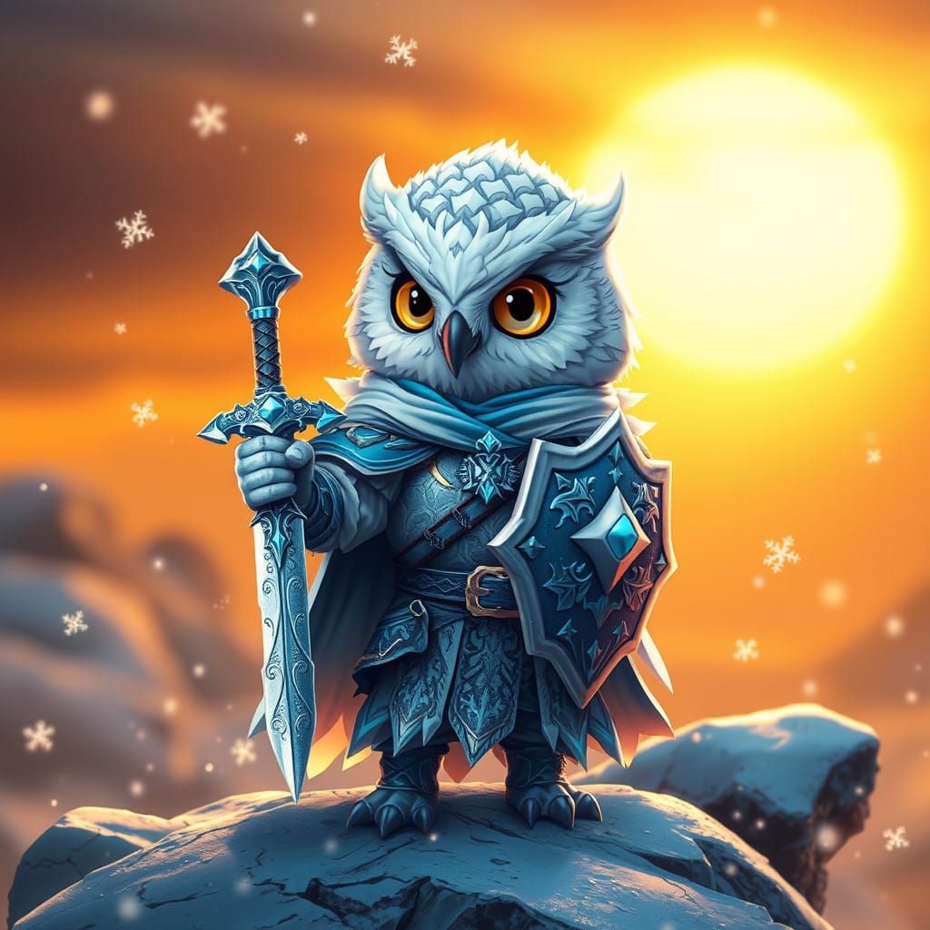 Chibi Snowy Owl Paladin in Icy Armor, Sword and Sh... - AI Art