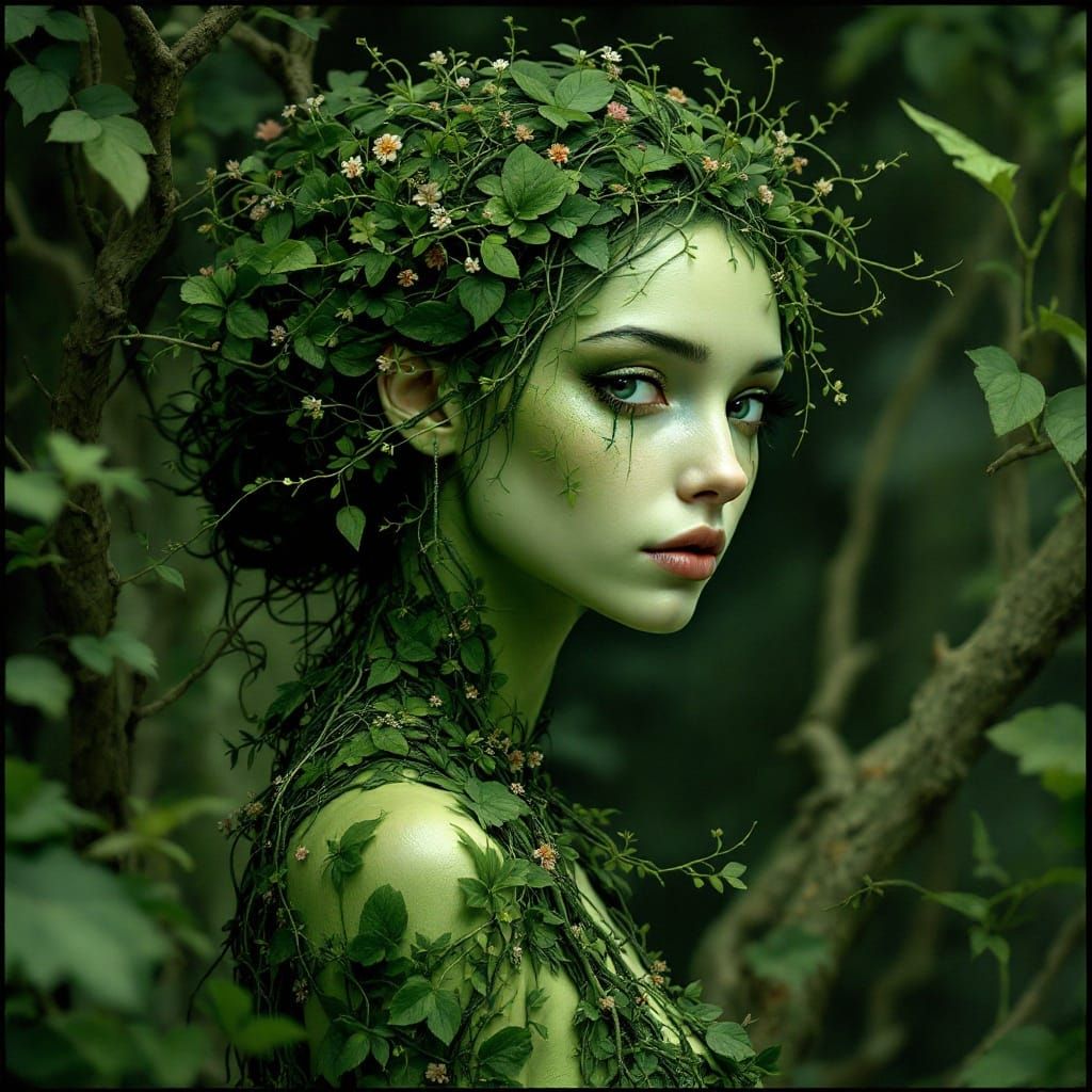 Ethereal Forest Spirit with Leaf Skin and Vines - AI Art