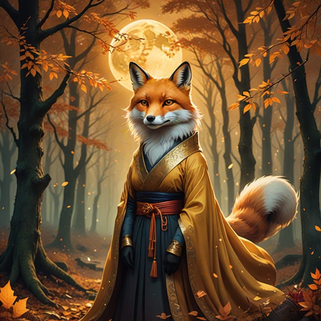 Ethereal Fox Yokai Basks in Autumn's Golden Glow - AI Art