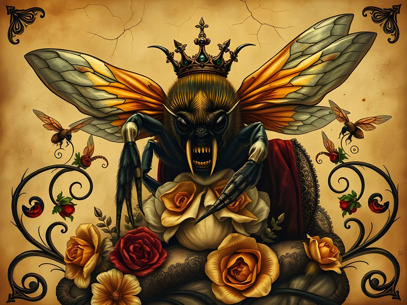 Eldritch Queen Bee in Crimson and Brass - AI Art