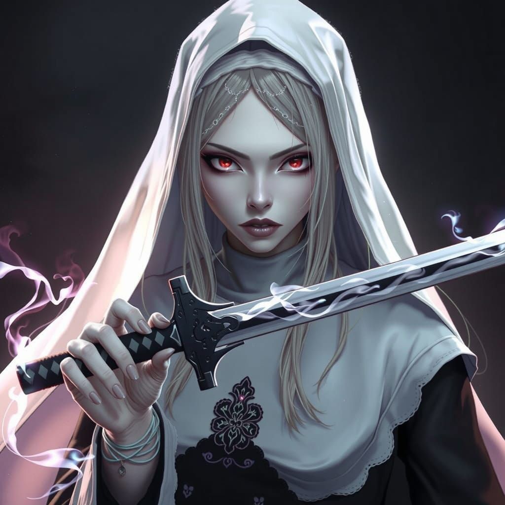 Ethereal Assassin with Innocent Face, Clutching Bl... - AI Art