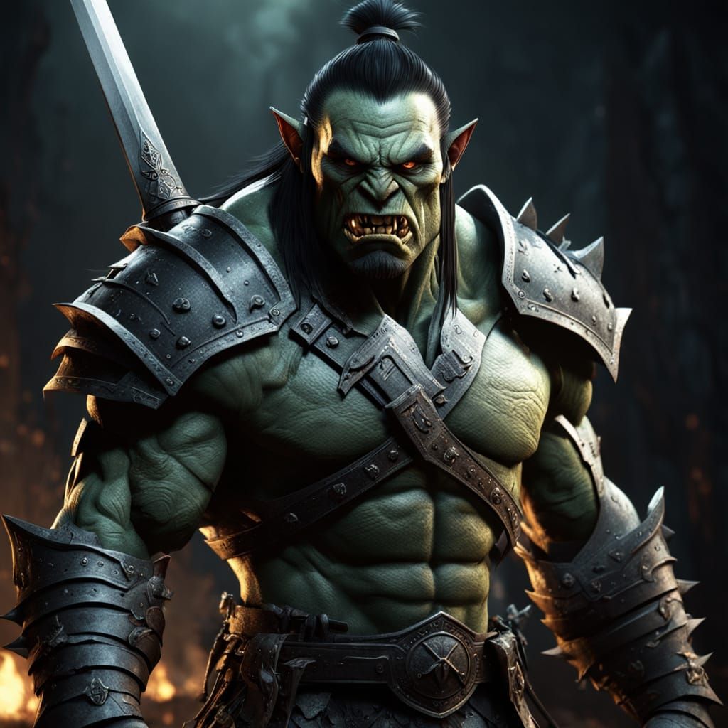 Dark Fantasy Orc in Intense Battle Stance - AI Art