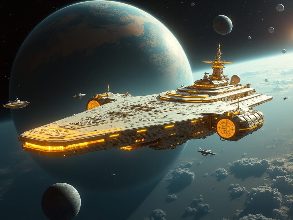 Massive futuristic starship with cream colored crystalline nacelles emitting neon yellow light ...