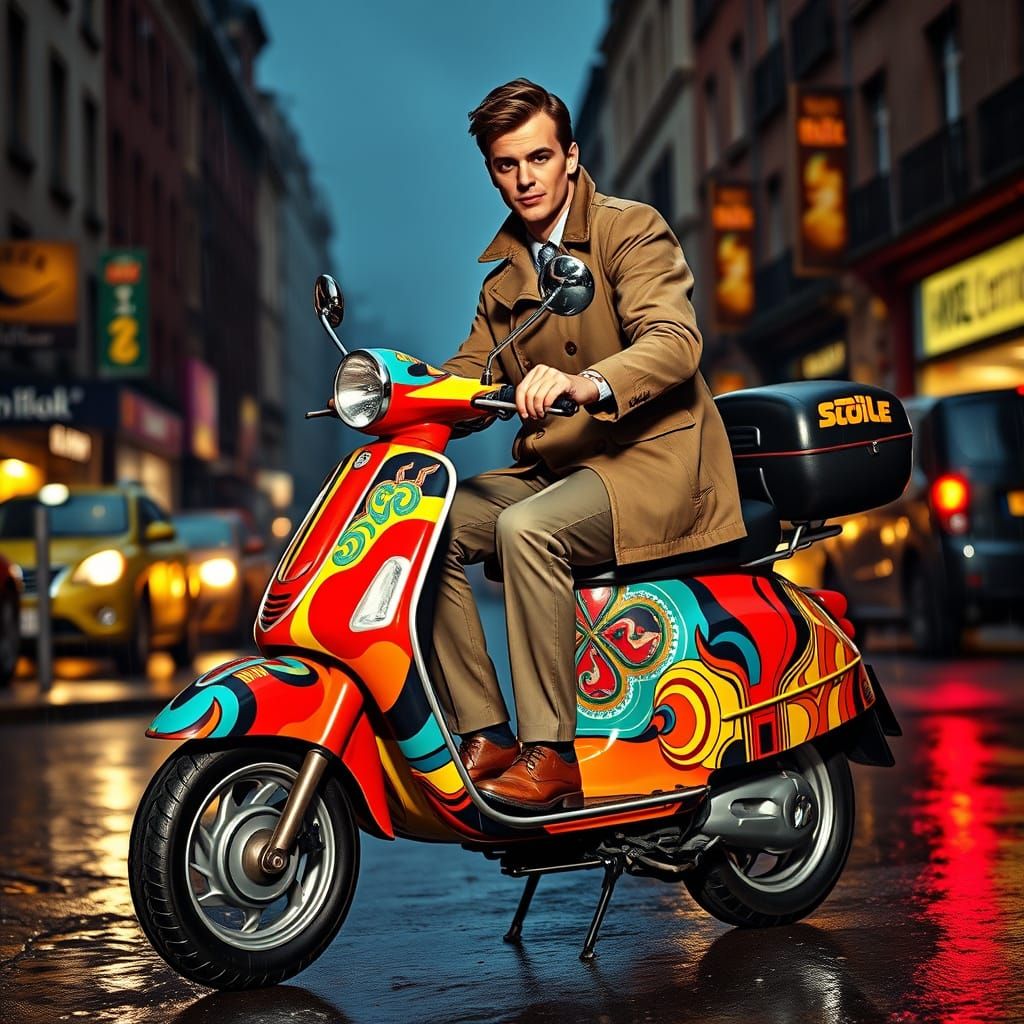 Mod wearing a parka on a mod scooter wrapped in "baba o'riley" artwork
