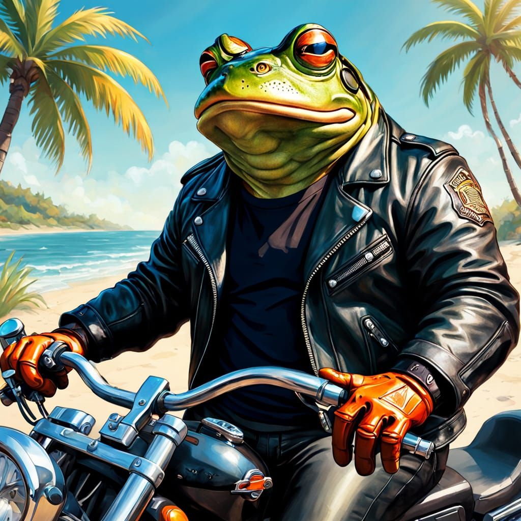 Bullfrog Biker Masterpiece in Tropical Sunset - AI Art