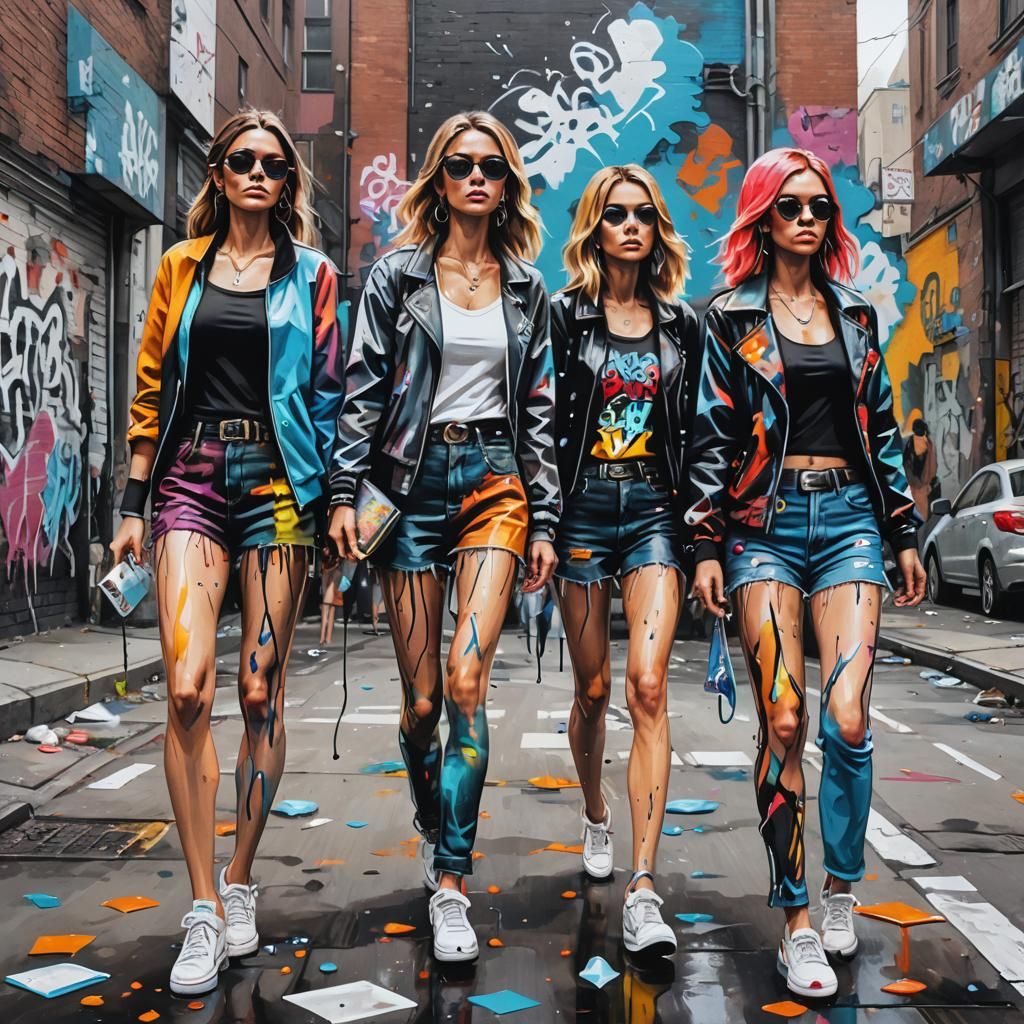 Four girls wearing big diamonds walk in the street.