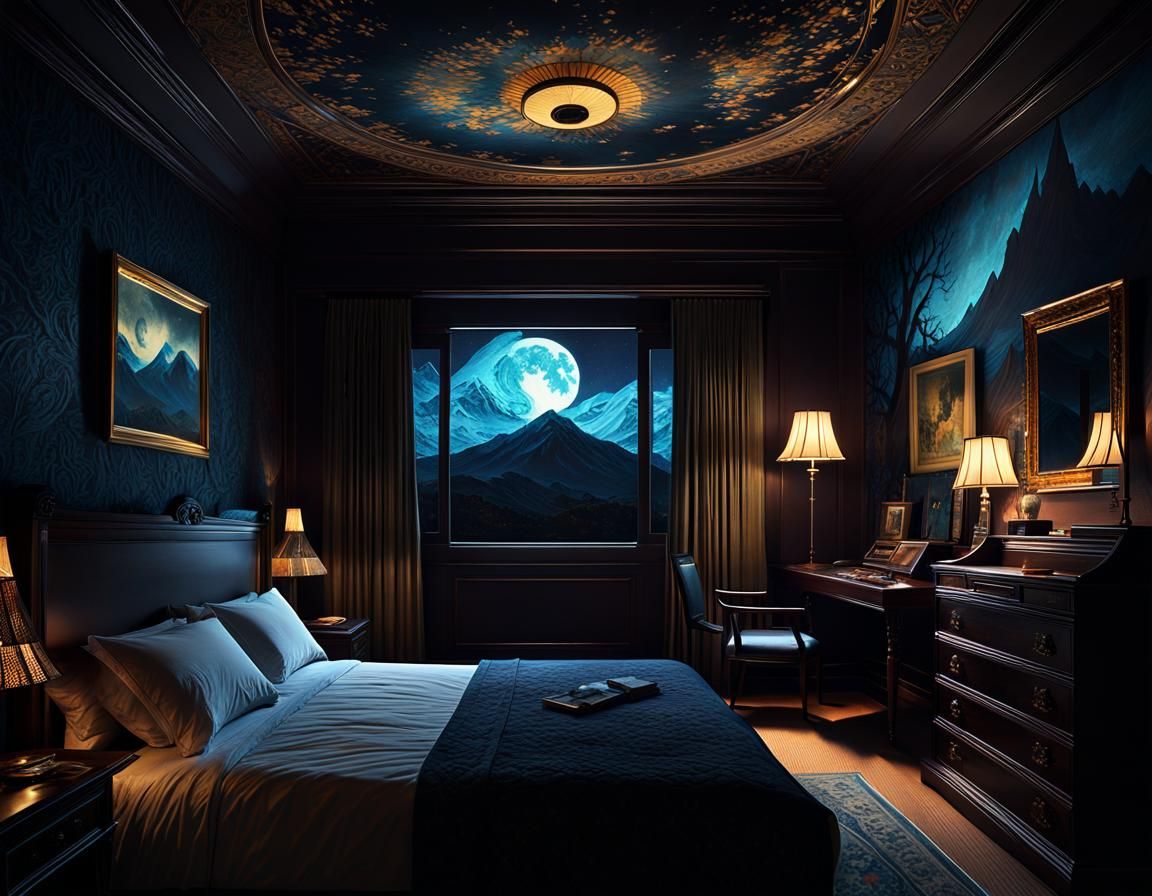 a haunted eerie dark empty hotel room, sinister, horror, fantasy art ...