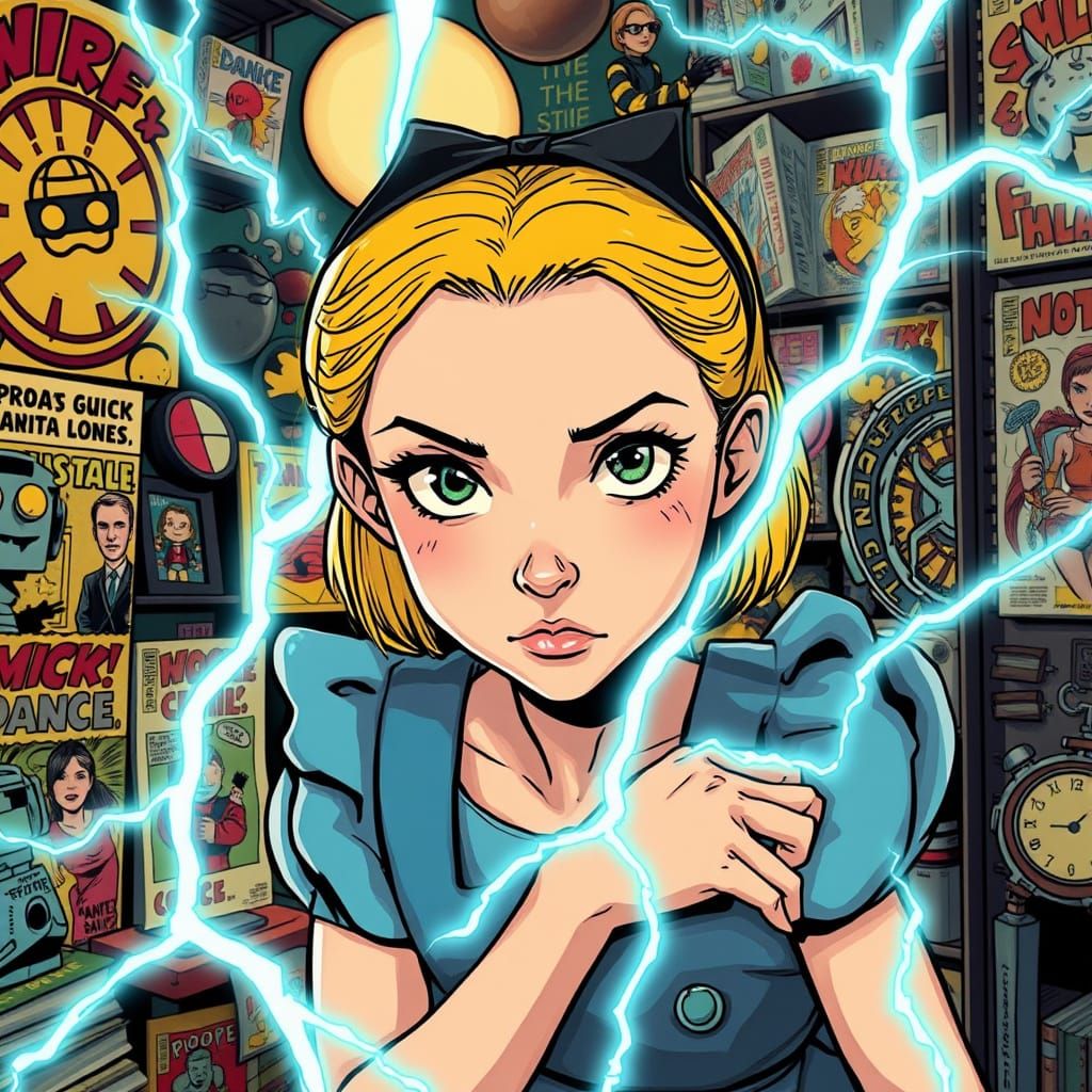Alice's Determined Resolve in Comic Book Store - AI Art