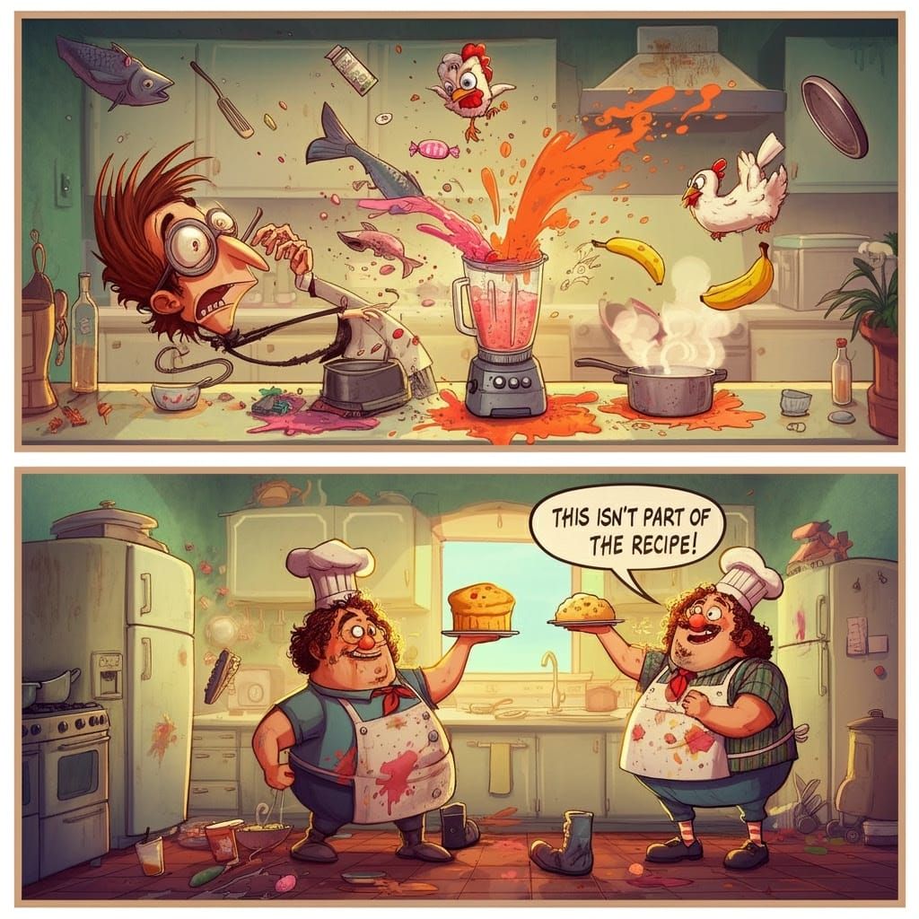"A comical 3D cartoon-style image divided into two brightly colored ...