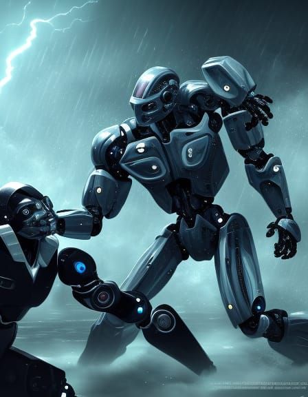 Perfect Composition,two very humanoid robo fighting, lightning flash ...