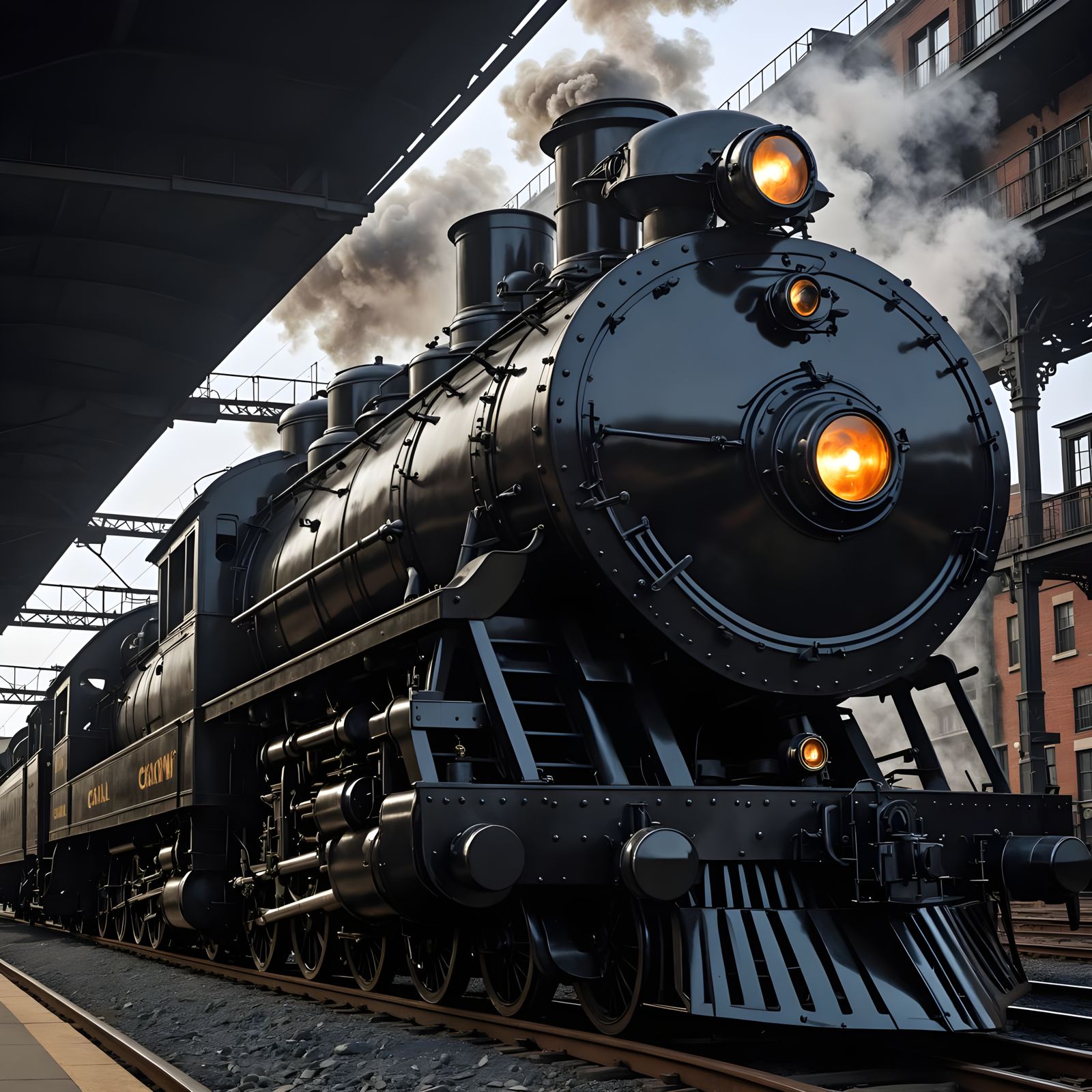 coal-driven steam locomotive front view comic art deco poster art