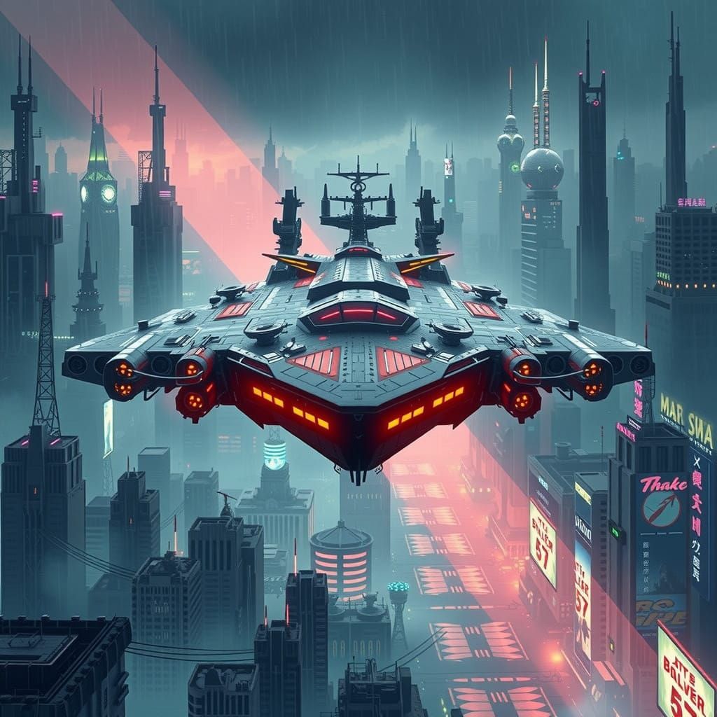 A colossal, perpendicularly symmetrical flying airship, merging the ...