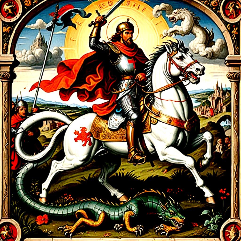 Sainted Warrior Triumphs Over a Fiery Beast in a C... - AI Art