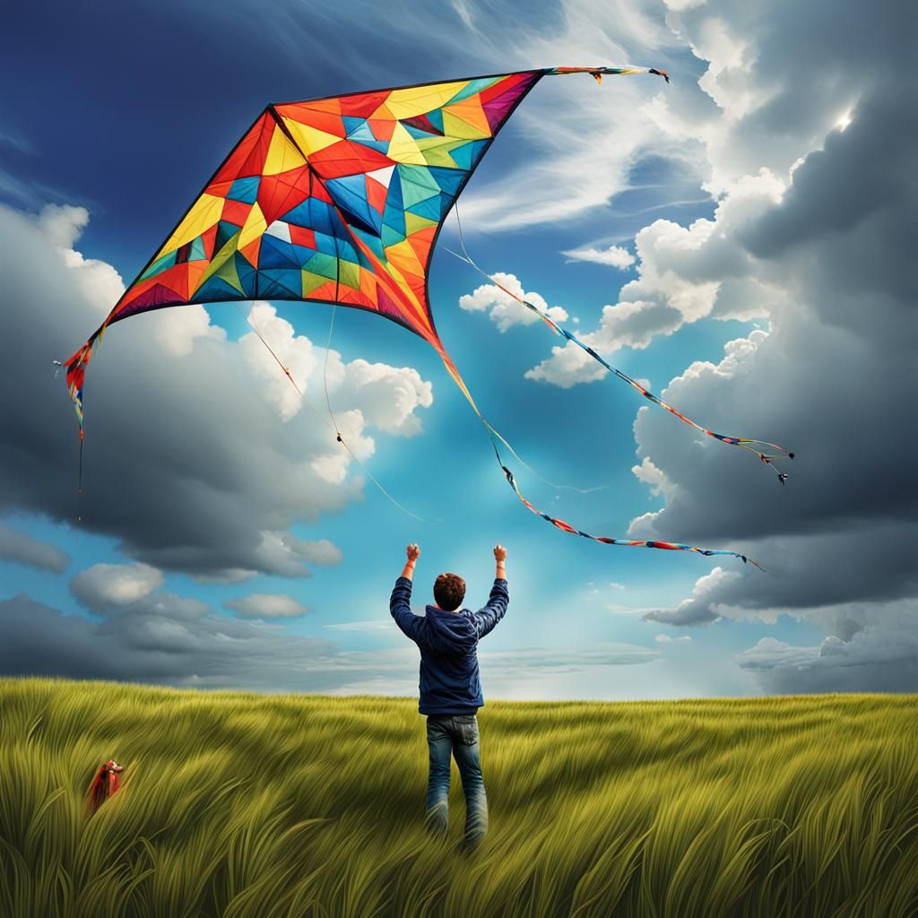 A person stands on a grassy field, arms outstretched, guiding an ...