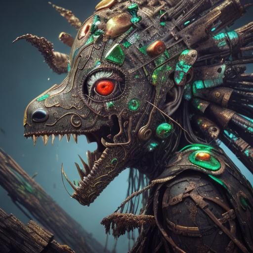 Close-up metallic mummy patched liquid and glitter sculpture with weird ...