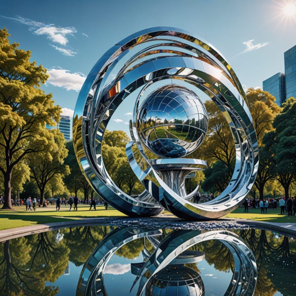 Surreal Chrome Sculpture Reflects City Skyline in ... - AI Art