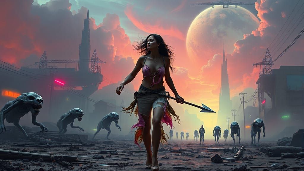 destroyed dystopian city ruins on a distant planet. alien zombies ...