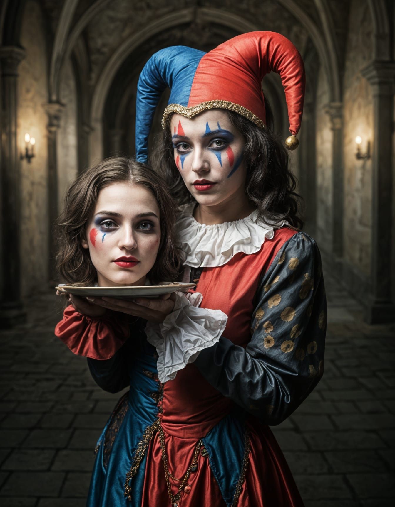 Creepy female jester in blue and red costume standing in medieval ...