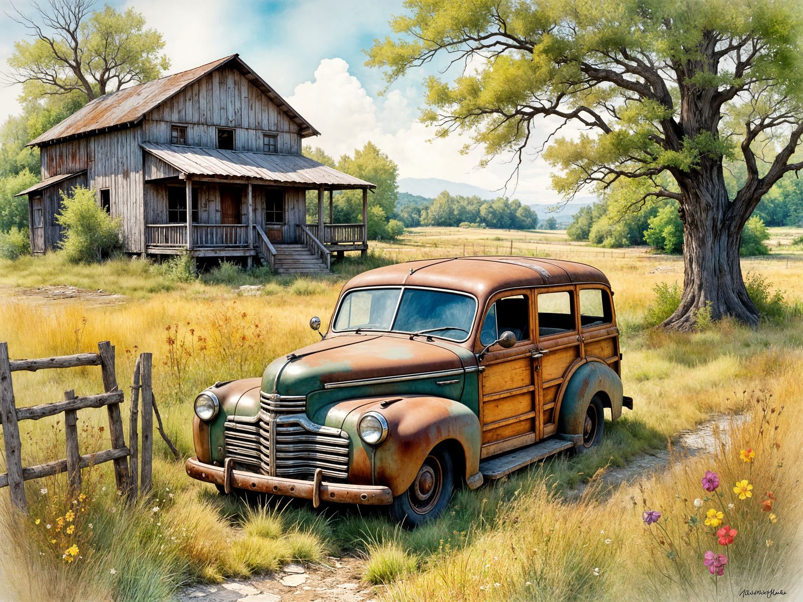 An old 1941 Chevy "Woody wagon" watercolor sits in tall weeds rusting ...