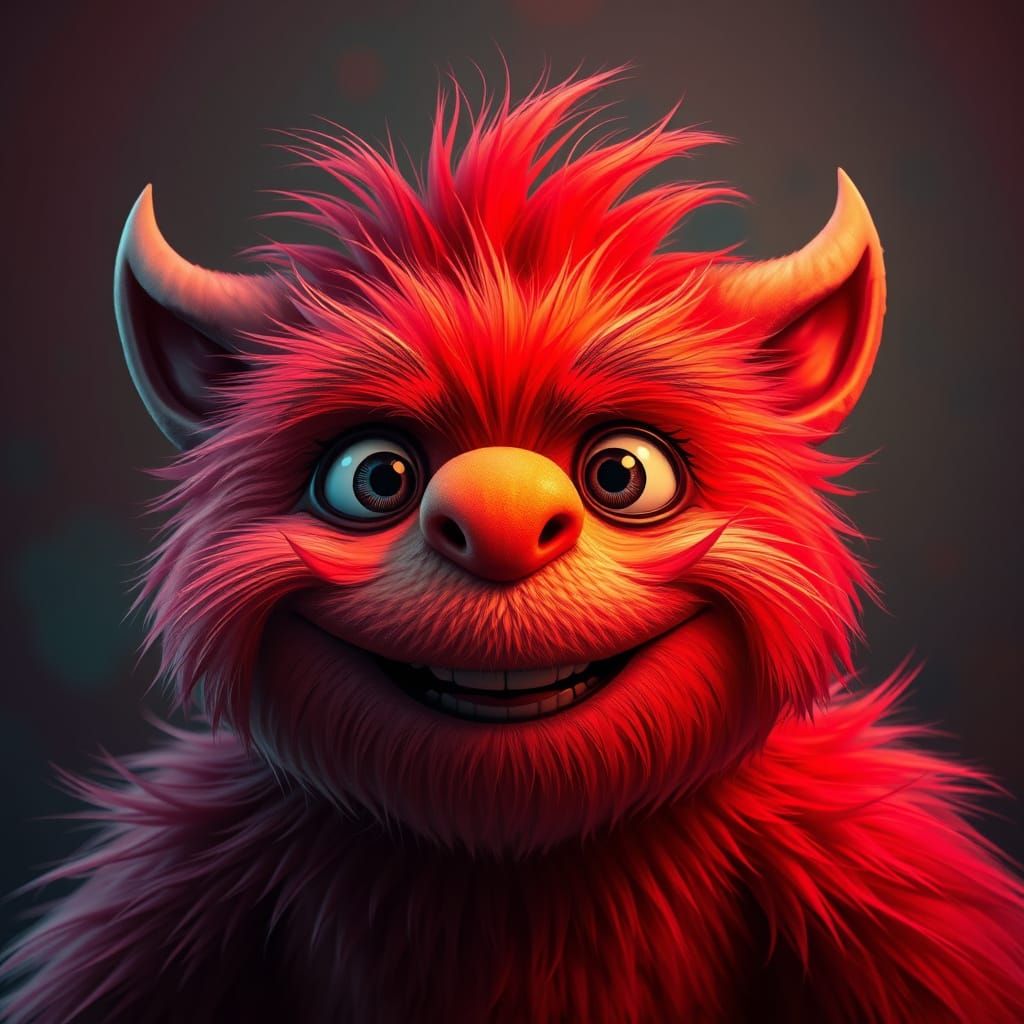 red furry cute monster with orange nose smiling