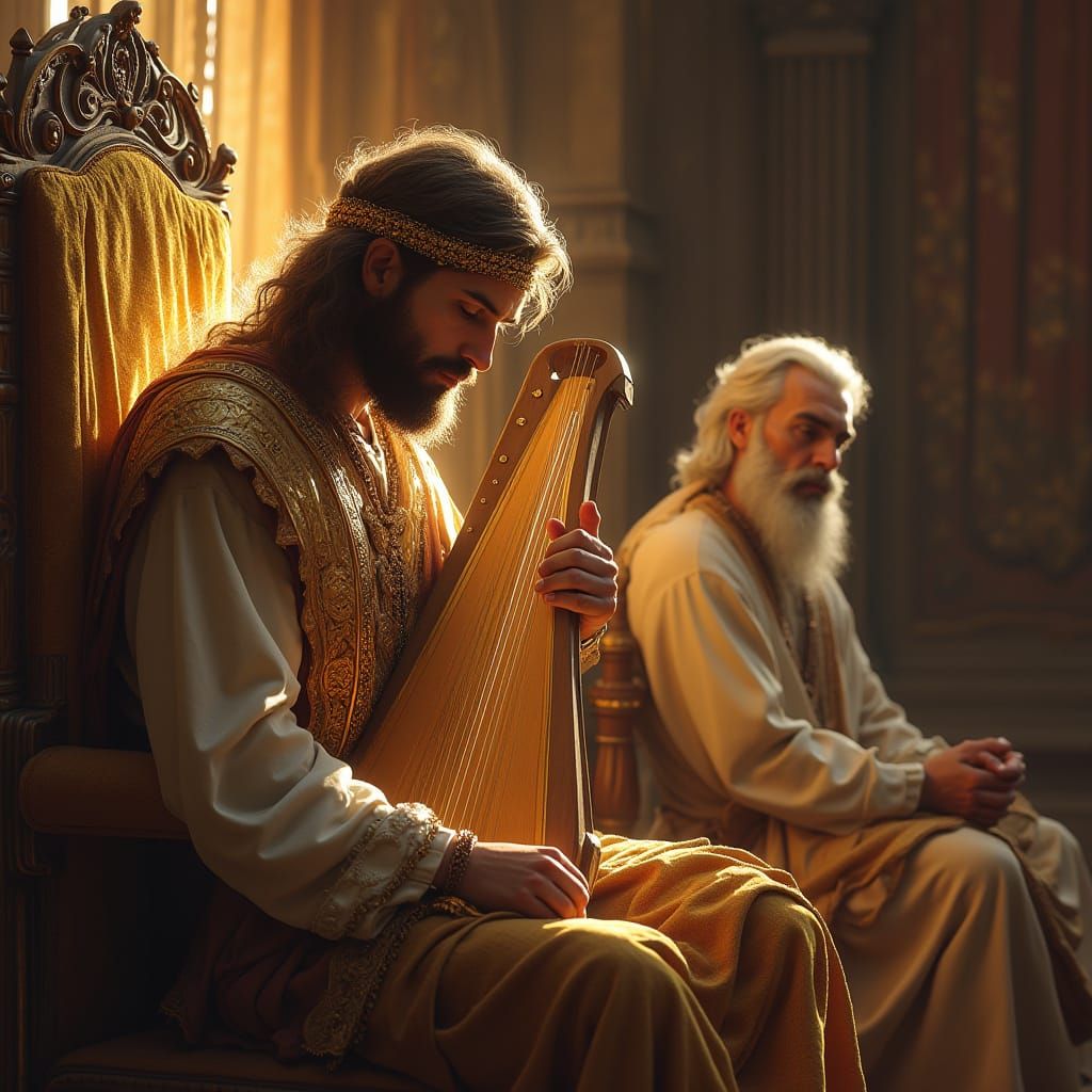 Majestic King David Plays Harp in Divine Presence - AI Art