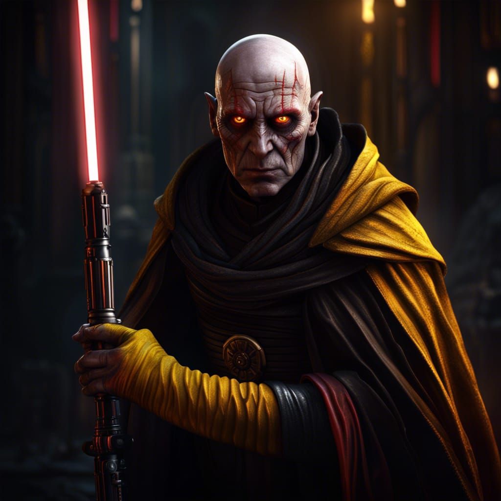 Darth Bane pale skin human yellow eyes holding a light saber - AI ...