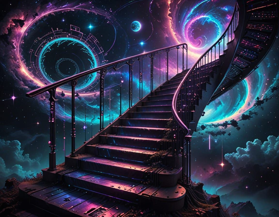 Cyberpunk Cosmic Stairs in Deep Space - AI Art