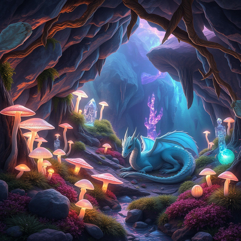Majestic, Iridescent Cave with Vibrant Mushrooms a... - AI Art