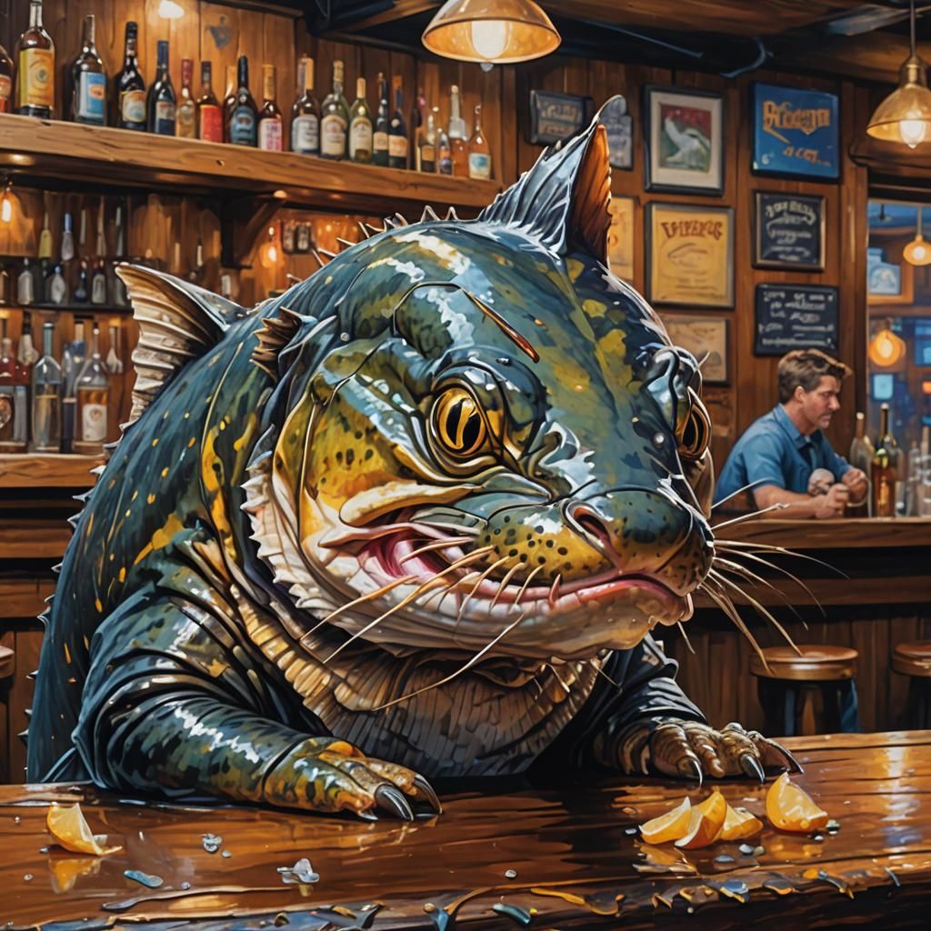 a catfish sitting at a bar - AI Generated Artwork - NightCafe Creator