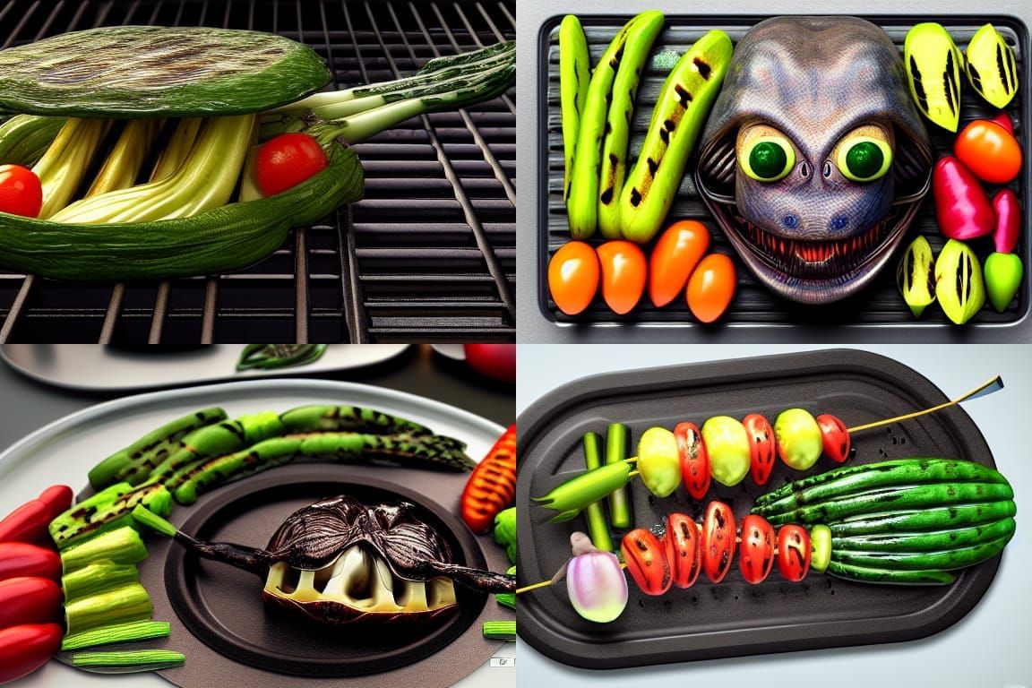 Grilled alien served with fresh vegetables, photorealistic 8k, hyper ...