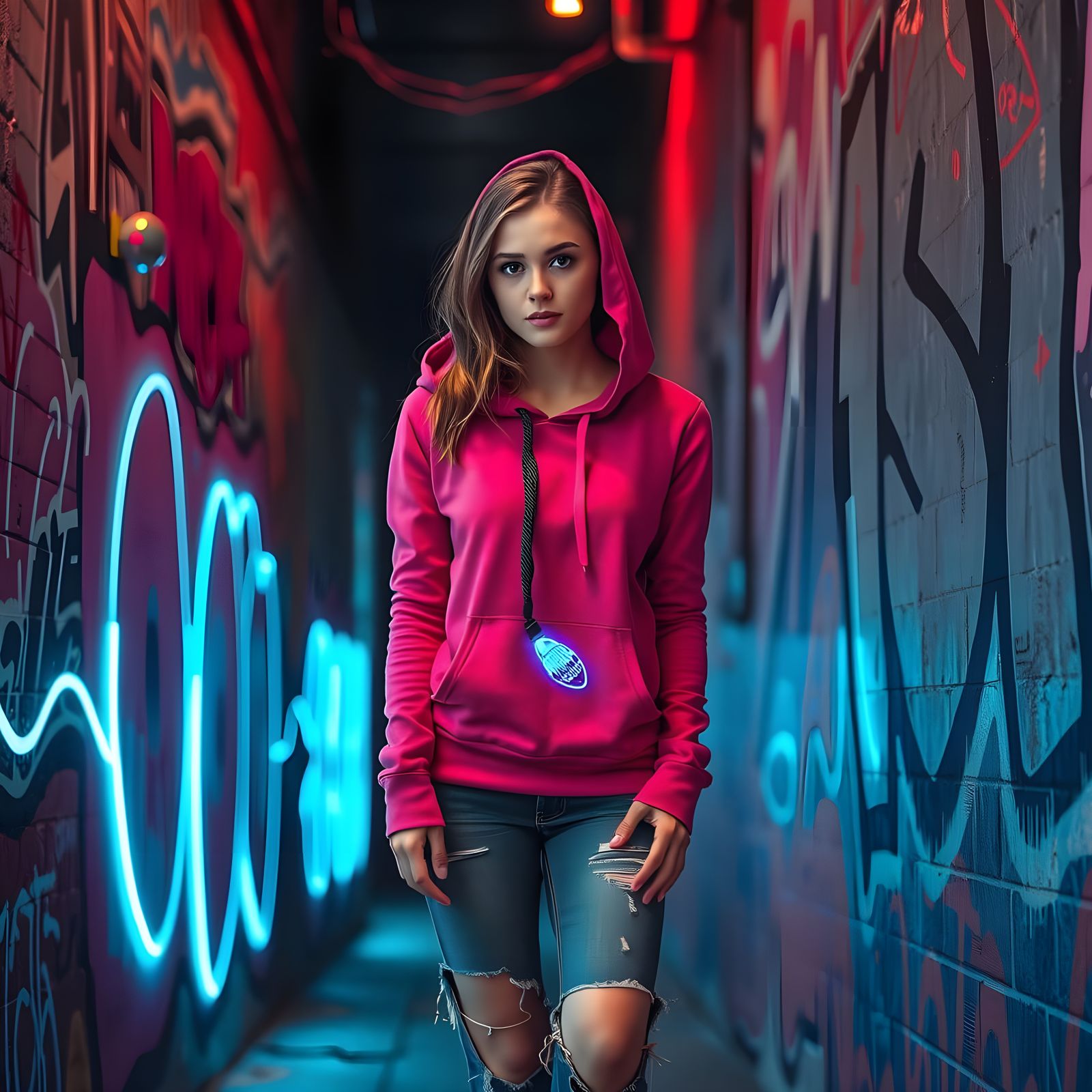 Young Woman Enslaved by Glowing AI in Neon-Lit All... - AI Art