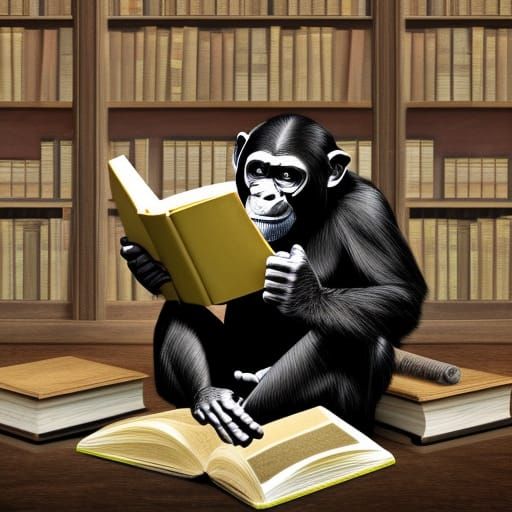 Chimpanzee reading a book in a library - AI Generated Artwork ...