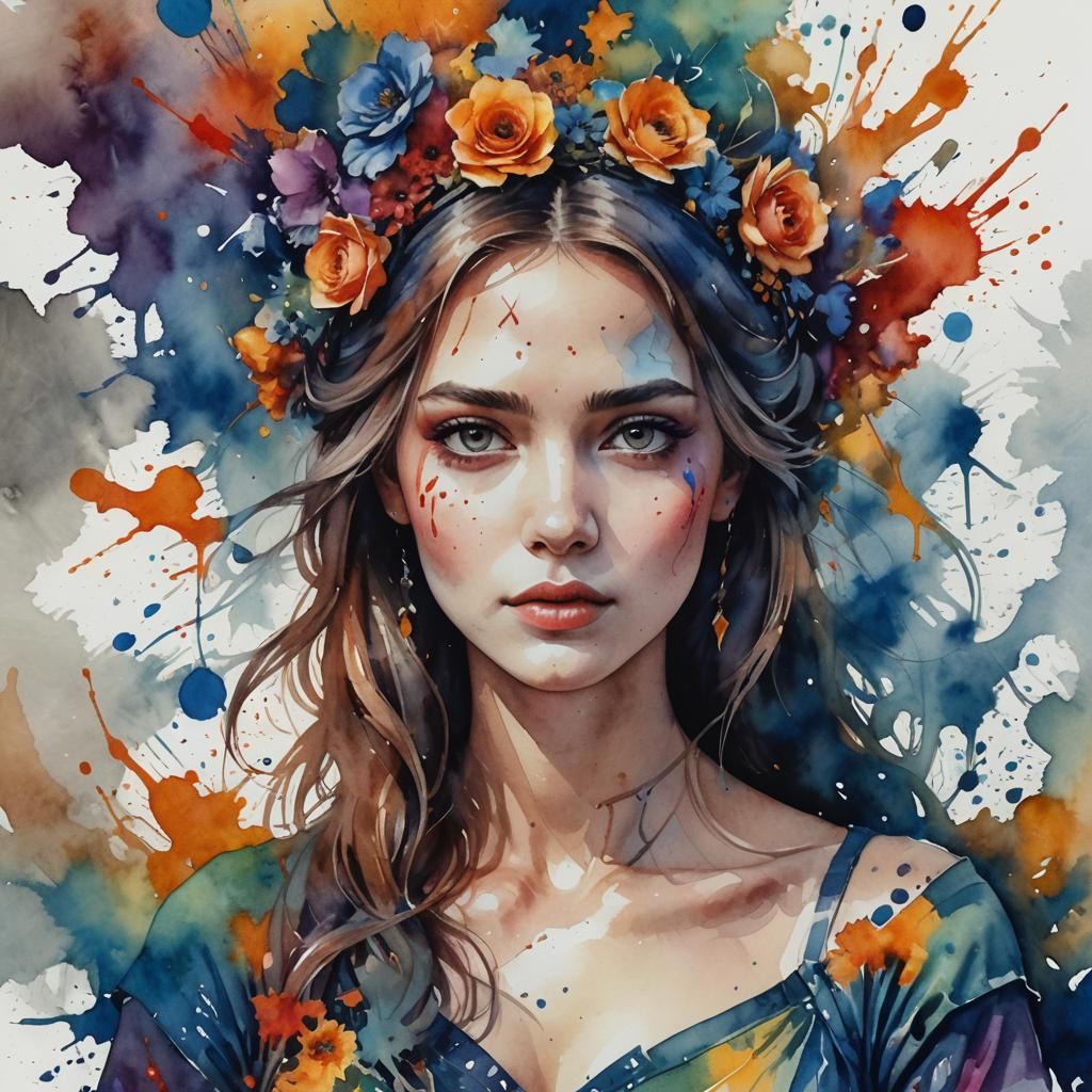 half body image of a beautiful woman in watercolor. Centered on canvas ...