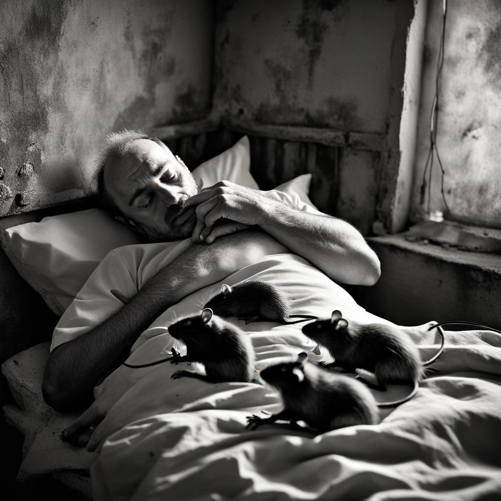 man sleeping with rats in his bed, sinister, - AI Generated Artwork ...