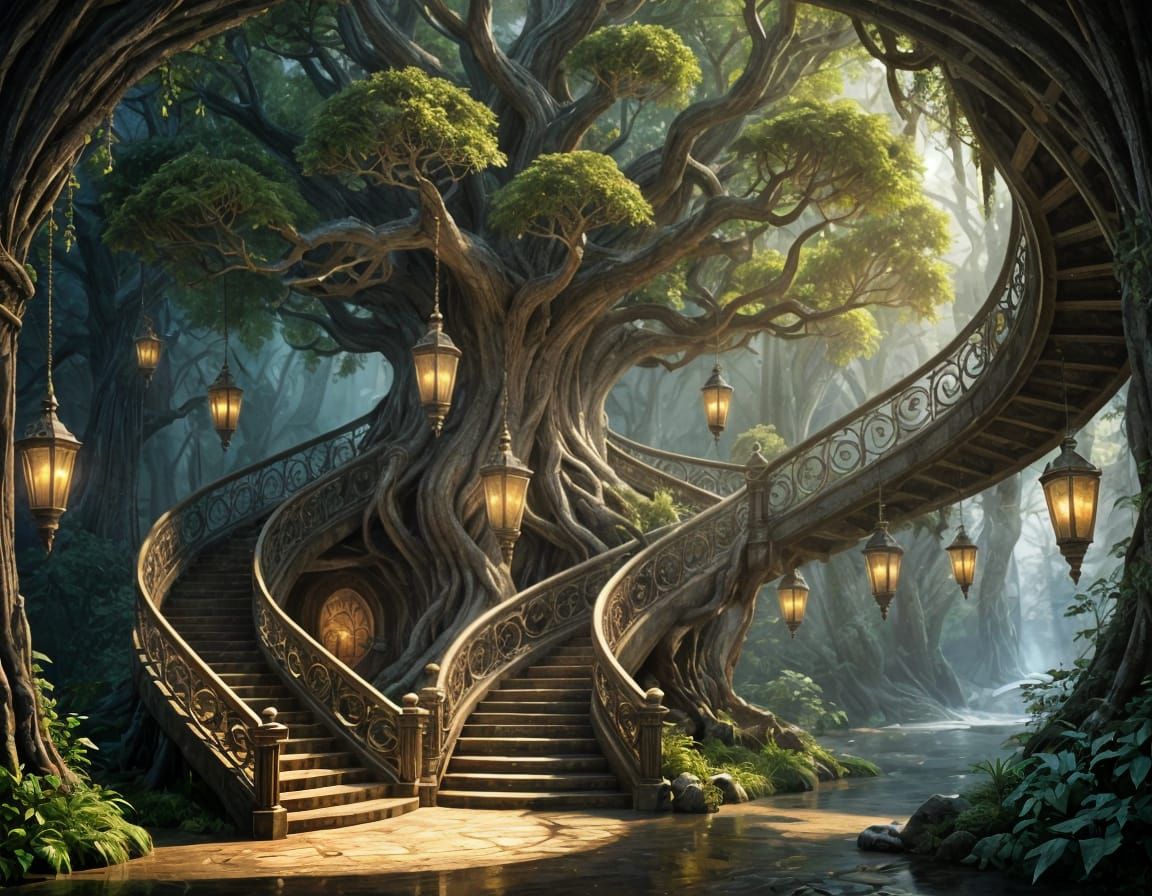 Ethereal Mallorn Tree in Celestial Twilight - AI Art