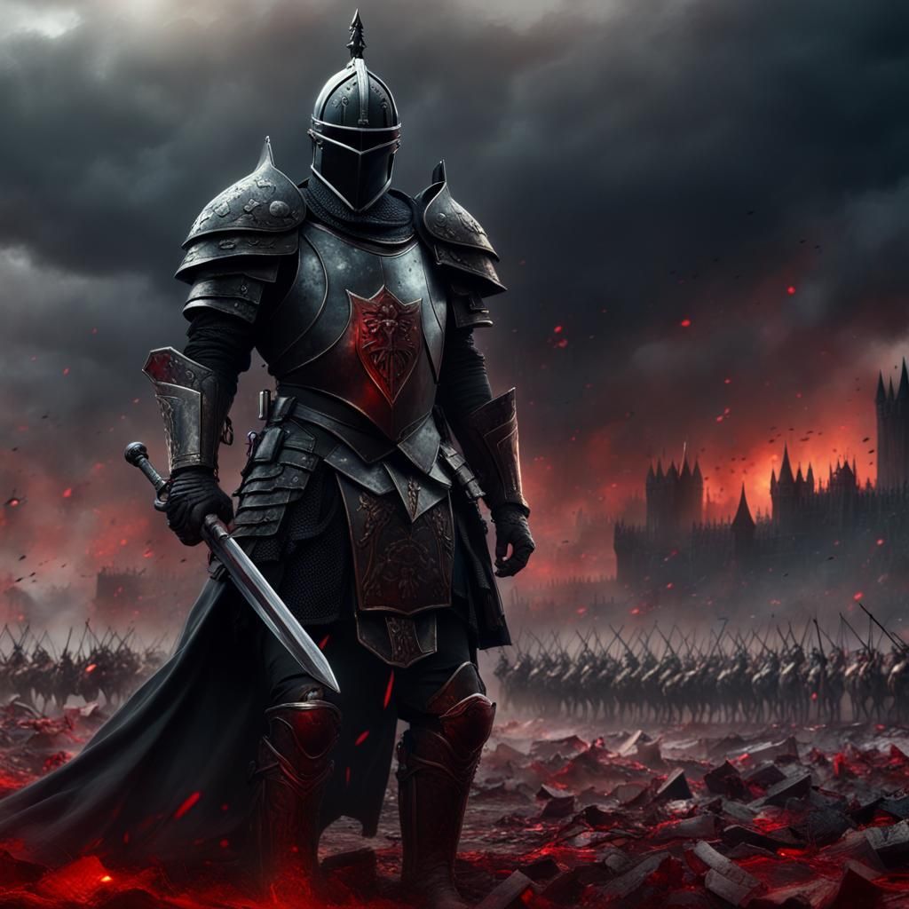 a black knight standing in battlefield blood and bodies everywhere ...