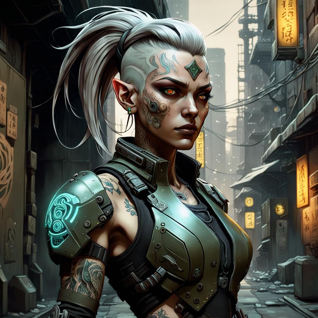 portrait of cyberpunk elf in combat exoskeleton suit from Shadowrun ...